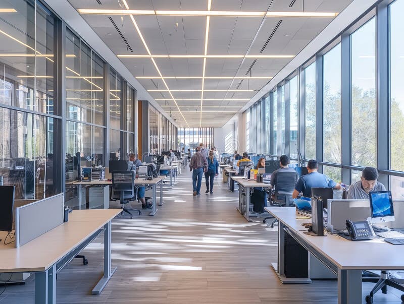 Modern Open-Plan Office with Large Windows Stock Illustration ...