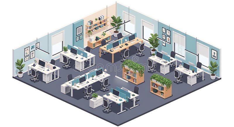 Modern Open-plan Office Layout Featuring Multiple Workstations Arranged ...