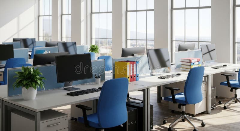 Modern Open Plan Office with Rows of Desks Computers and Blue Chairs ...