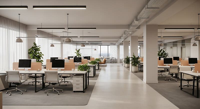 Modern Open-plan Office with Rows of Desks Equipped with Computers and ...