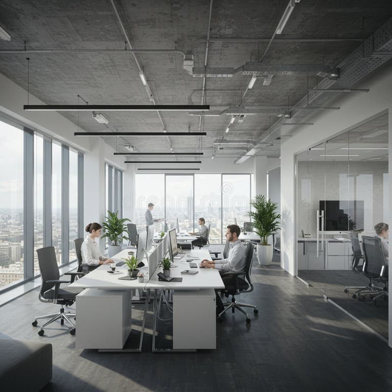 Modern Open-plan Office with Rows of White Desks and Black Swivel ...