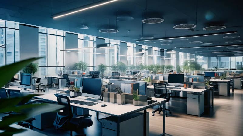 A Modern Open-plan Office with Sleek Desks, Computers, and Green Plants ...