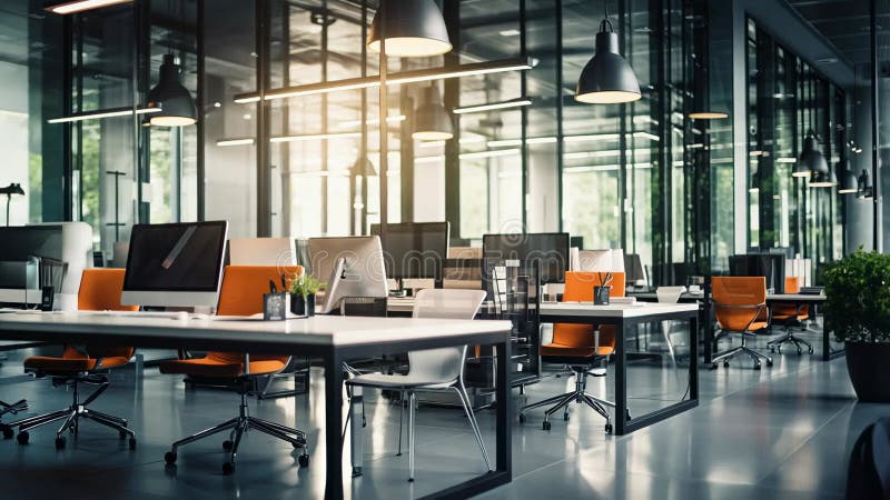 A Modern Open-plan Office with Sleek Desks, Computers, and Green Plants ...