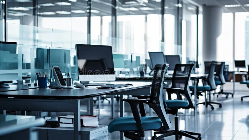 A Modern Open-plan Office with Sleek Desks, Computers, and Green Plants ...