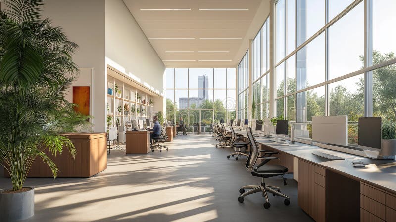 A Modern Open-plan Office with Sleek Desks, Large Windows, and ...