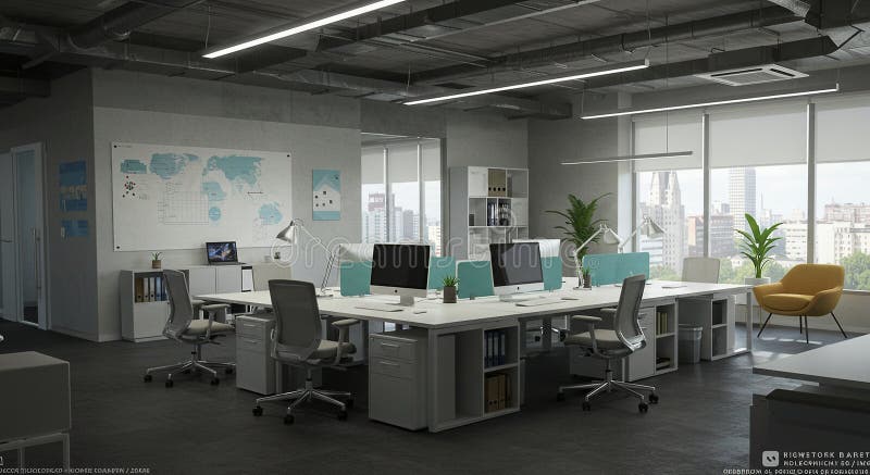 Modern Open-plan Office with Sleek, Minimalist Design. Features a Large ...