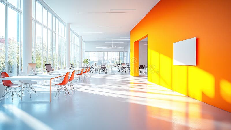 Modern Open-plan Office Space with Bright Orange Accent Wall Stock ...