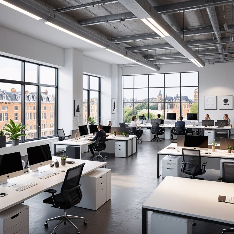 Modern Open Plan Office Space with City View Stock Illustration ...