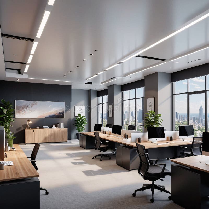 Modern Open Plan Office Space with City Views Stock Illustration ...