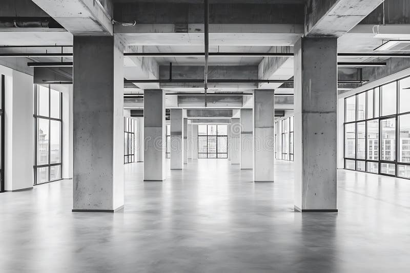Modern Open Plan Office Space with Concrete Pillars and Large Windows ...