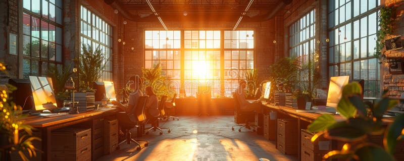 Modern OpenPlan Office Space with Natural Light and Greenery at Sunset ...