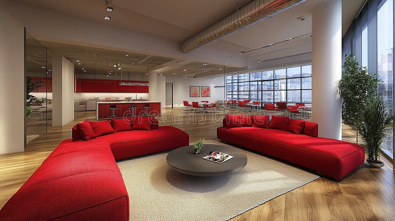 Modern Open-plan Office Space with Red Seating Areas, Kitchen, and City ...