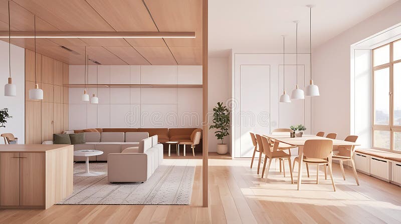 Modern Open-Plan Office Space with Warm Wooden Accents Stock ...