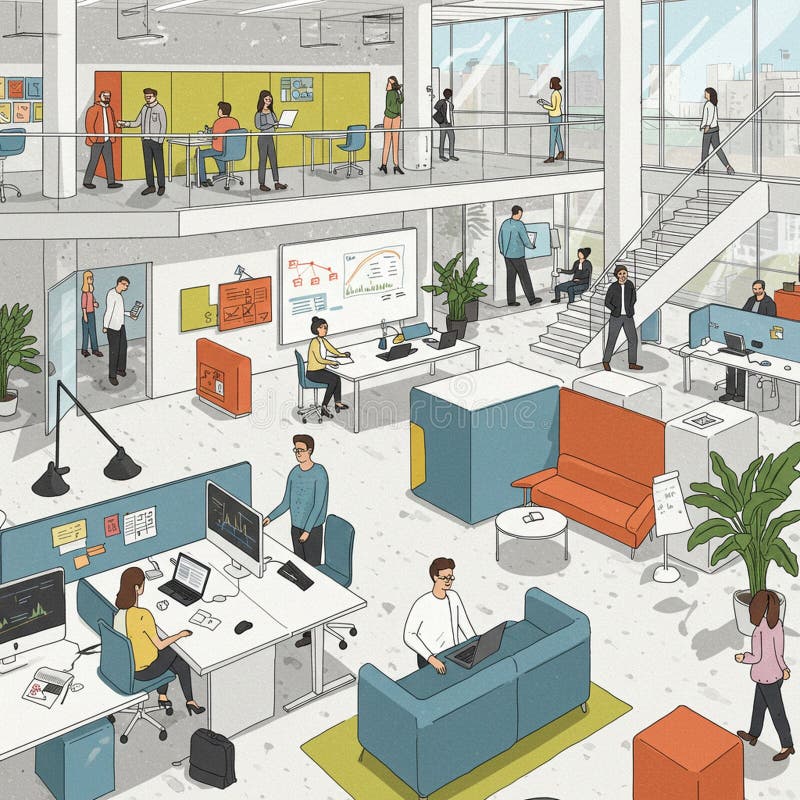 Modern Open-plan Office with Two Floors Features People Working and ...