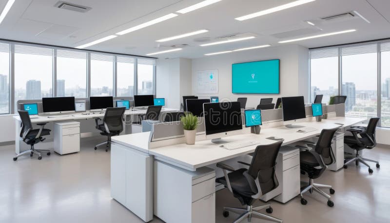 Modern Open Plan Office Workspace with Desk Computers and City View AI Generated. Stock ...