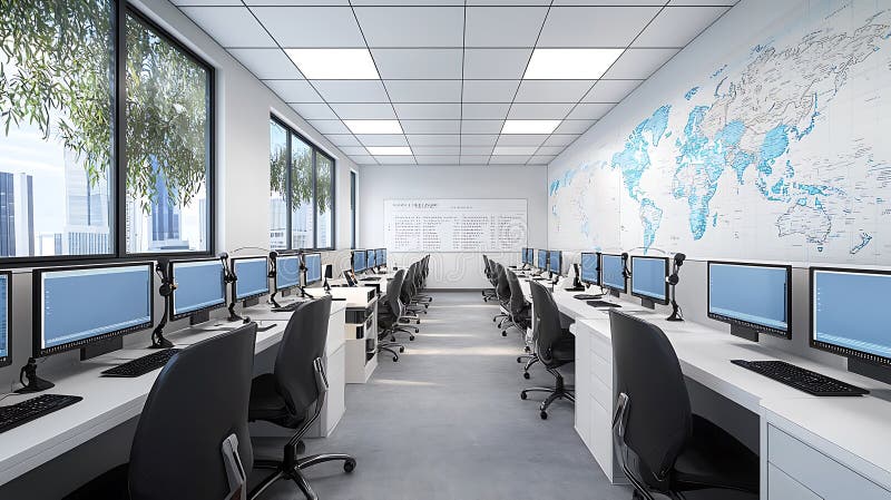 Modern Open Plan Office Workspace with World Map and City View Stock ...