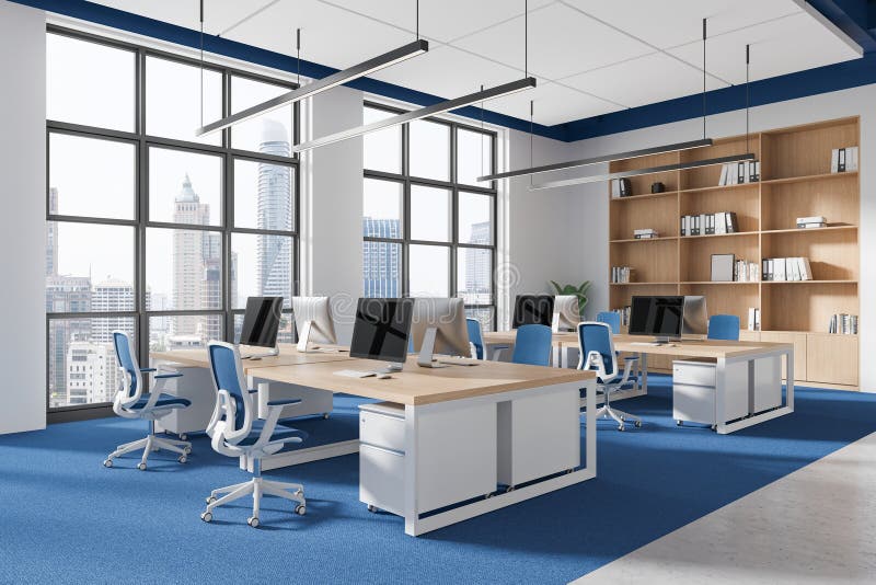 Modern Open-plan Office with Workstations and Large Windows with City ...