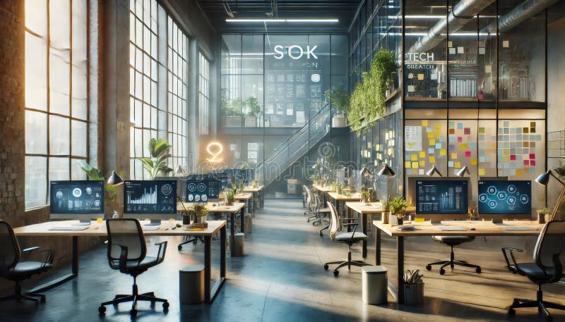 Modern, Open Plan Tech Startup Office with Sleek Desks and Large ...