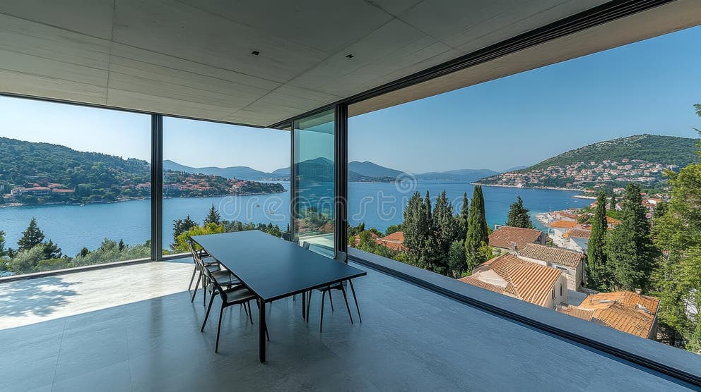 Modern Open Plan Villa Interior with Dining Table and Panoramic Windows ...