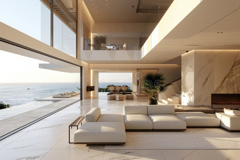 Modern Open Plan Villa Interior with Ocean View Overlooking Infinity ...
