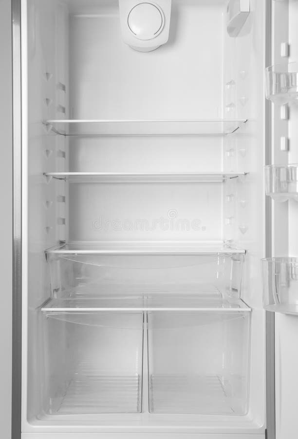Modern Open Refrigerator with Empty Shelves Stock Photo - Image of ...