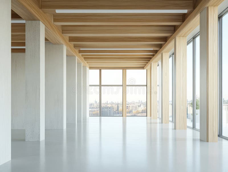 Modern Open Space Interior with Large Windows and Wooden Beams in a ...