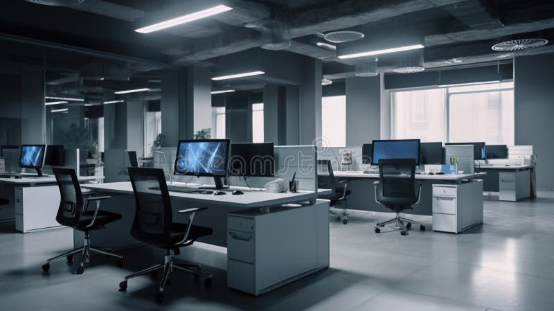 Modern Open Space Office with Computer Monitors on White Desks. Ai ...