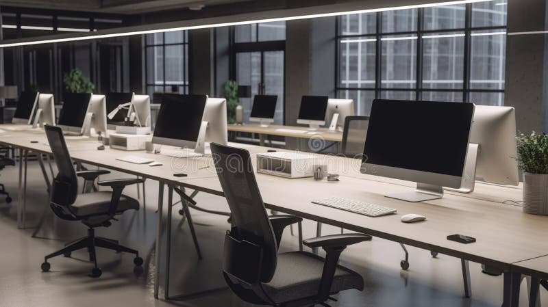 Modern Open Space Office with Computer Monitors on White Desks. Ai ...
