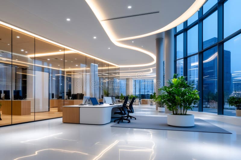 Modern Open Space Office with Curved Ceiling Lights Illuminating the ...