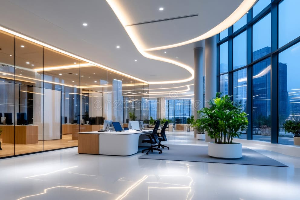 Modern Open Space Office with Curved Ceiling Lights Illuminating the ...