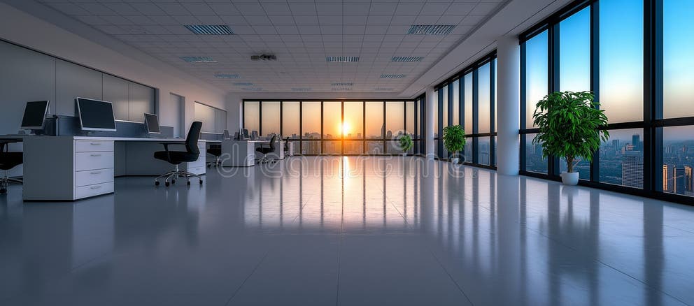 Modern Open Space Office with Desks, Computers, and Large Windows ...