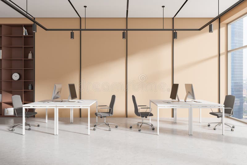 Modern Open Space Office with White Desks and Chairs. 3D Rendering ...