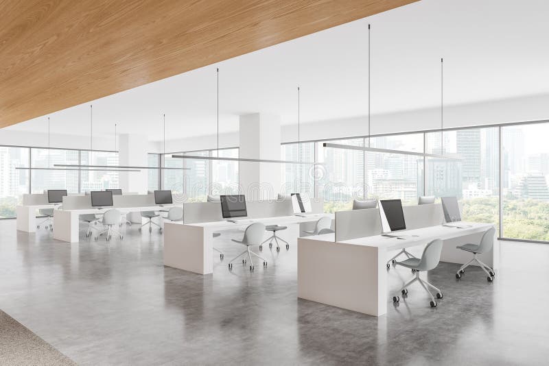 Modern Open Space Office Interior with Large Windows and Cityscape View ...