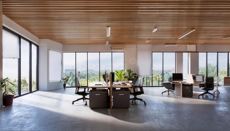 Modern Open Space Office Interior with Wooden Ceiling and Large Windows ...