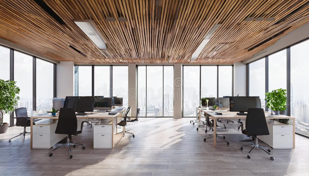 Modern Open Space Office Interior with Wooden Ceiling and Large Windows ...