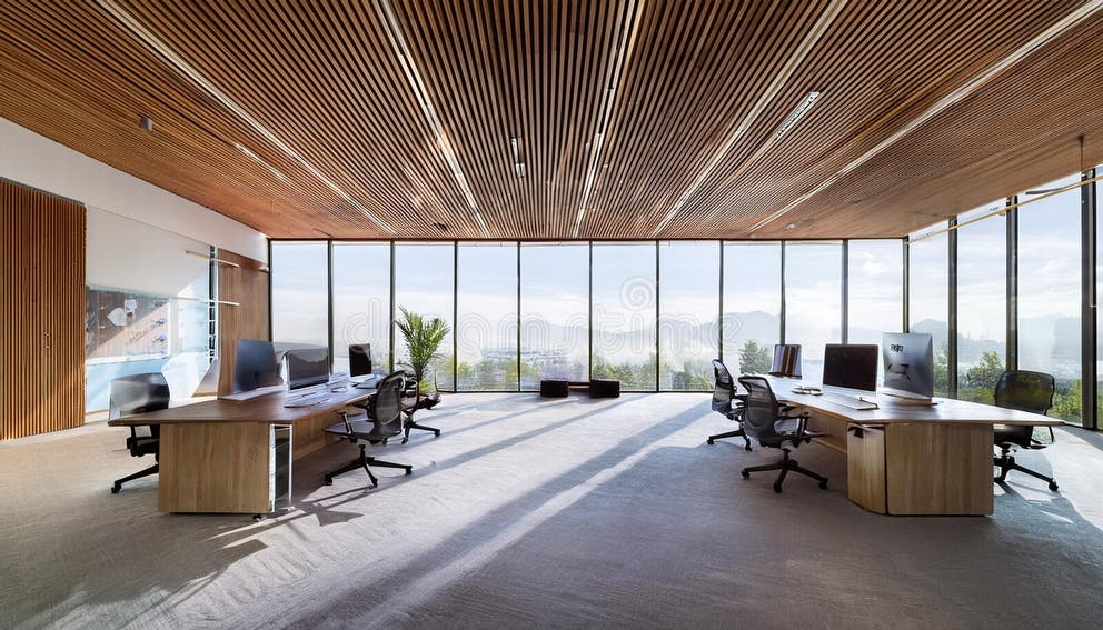 Modern Open Space Office Interior with Wooden Ceiling and Large Windows ...