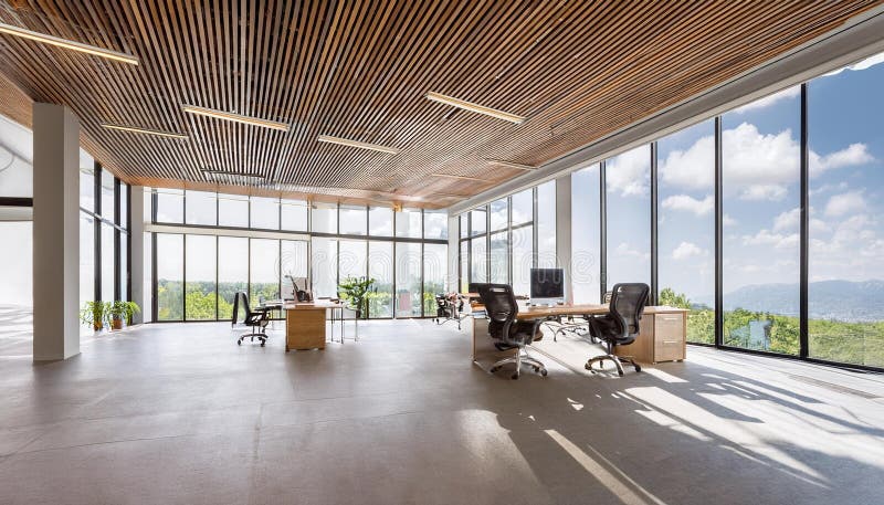 Modern Open Space Office Interior with Wooden Ceiling and Large Windows ...