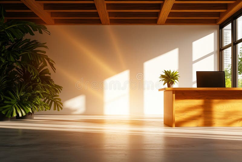 Modern Open Space Office Interior with Wooden Ceiling and Large Windows ...