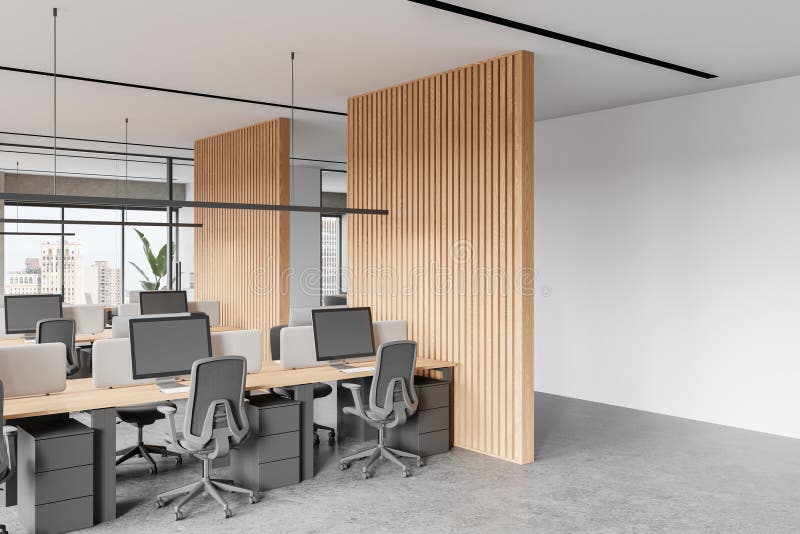 Modern Open-space Office Interior with Workstations and Wooden Wall ...