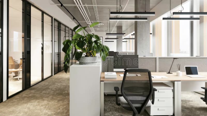 Modern Open Space Office in Loft and Minimalist Style with Rows of ...