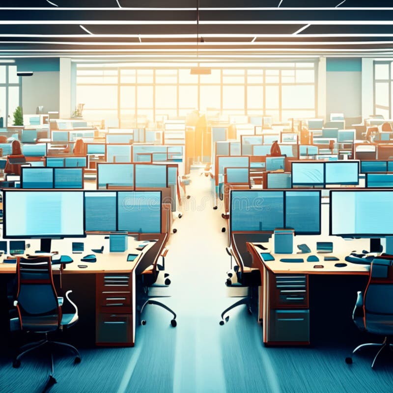 Modern Open Space Office with Rows of Computer Monitors 3d Render ...