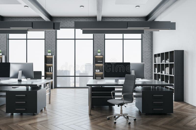 Modern Open Space Office with Rows of Computer Tables Stock ...