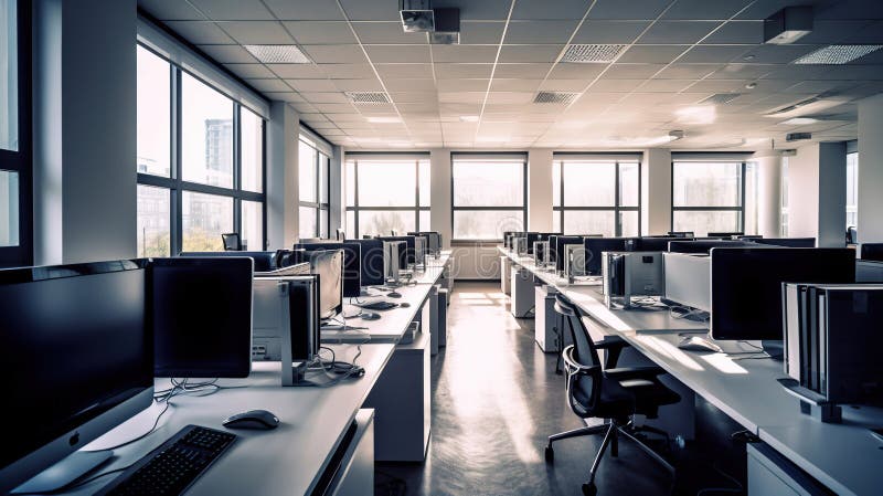 Modern Open Space Office with Rows of Computer Tables. Generative Ai ...