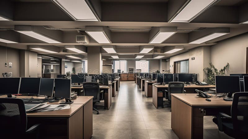 Modern Open Space Office with Rows of Computer Tables. Generative Ai ...