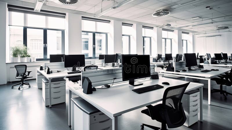 Modern Open Space Office with Rows of Computer Tables. Generative Ai ...