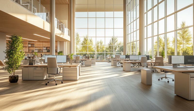 Modern Open Space Office with Sunlight Shining through Large Windows ...