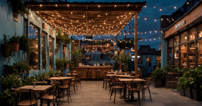 A Modern Open Terrace Coffee Shop Illuminated by String Lights and a ...
