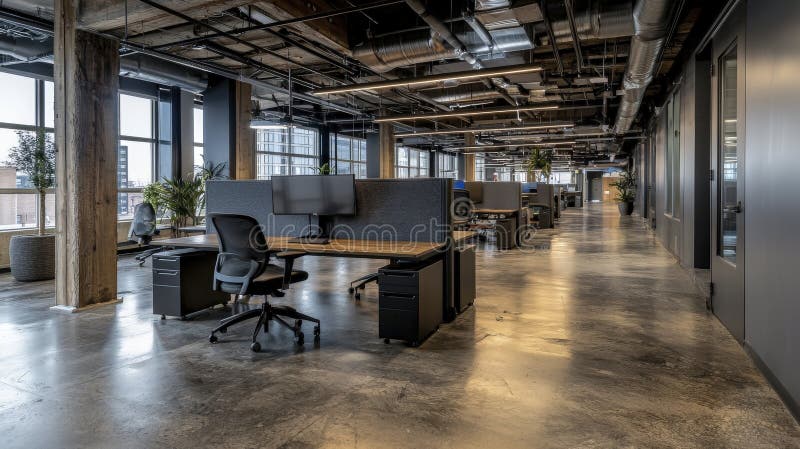 Modern Open Workspace Design Ergonomic Desks and Collaborative Areas in Urban Office Environment ...