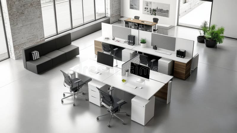 Modern Open Workspace with Shared Zones and Sleek Furniture Design ...