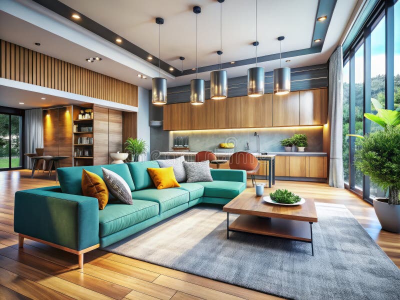 Modern OpenPlan Kitchen Living Room Design a Worms Eye View 3D ...